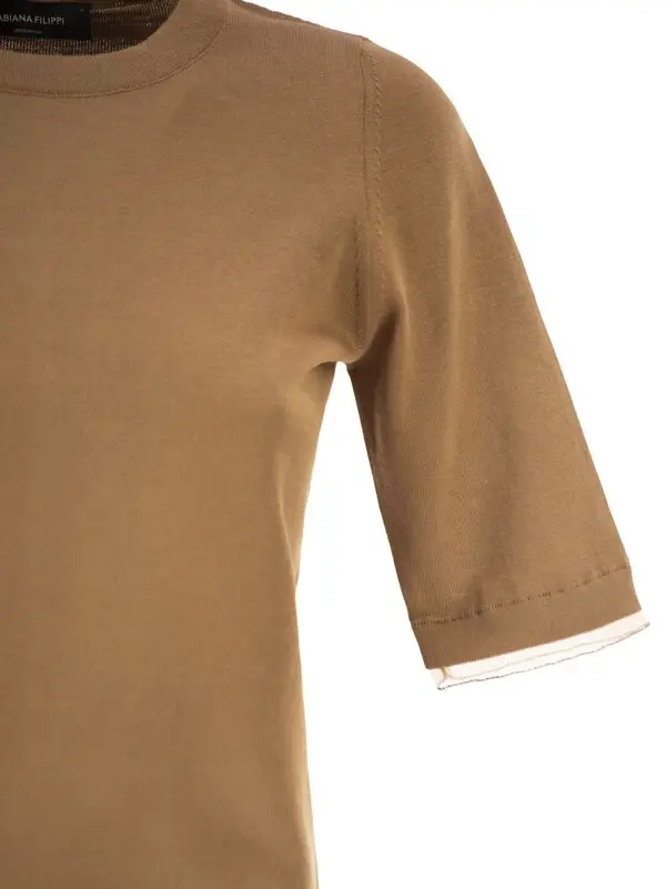 Fabiana Filippi Short Sleeve Knit Sweater With Sheer Trim