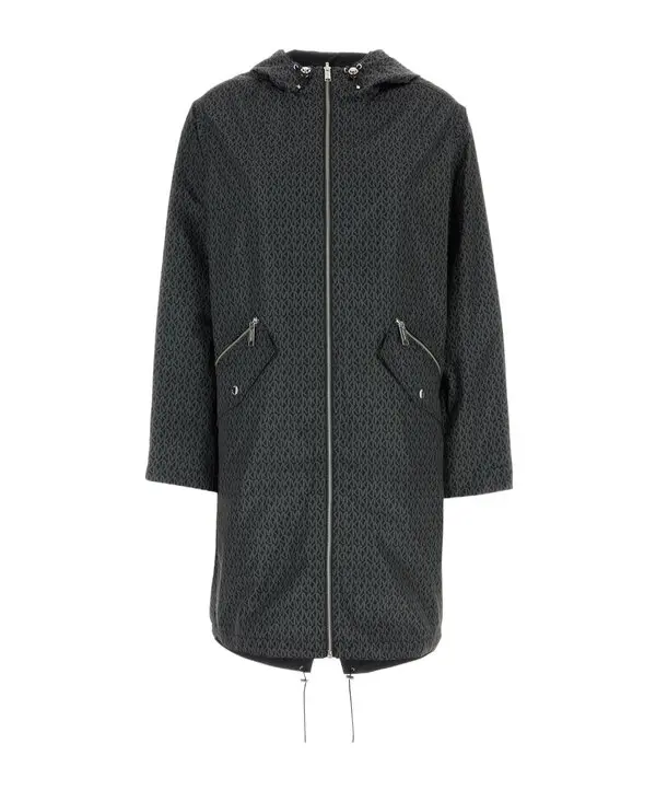 Michael Kors Printed Long Zip-up Jacket With Drawstring Hood - Black