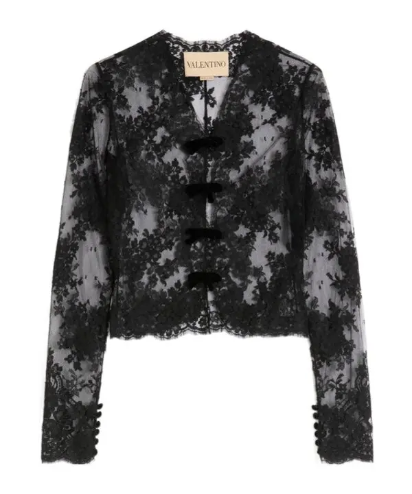 Valentino Garavani Lace Long Sleeve V-neck Top With Bow Detail - Black