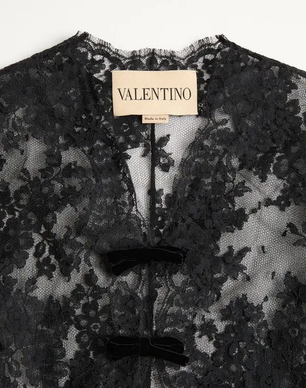 Valentino Garavani Lace Long Sleeve V-neck Top With Bow Detail