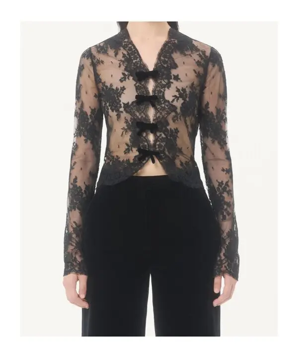 Valentino Garavani Lace Long Sleeve V-neck Top With Bow Detail