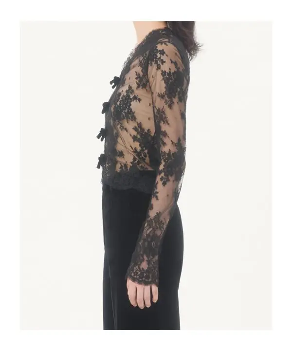 Valentino Garavani Lace Long Sleeve V-neck Top With Bow Detail