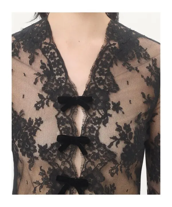 Valentino Garavani Lace Long Sleeve V-neck Top With Bow Detail
