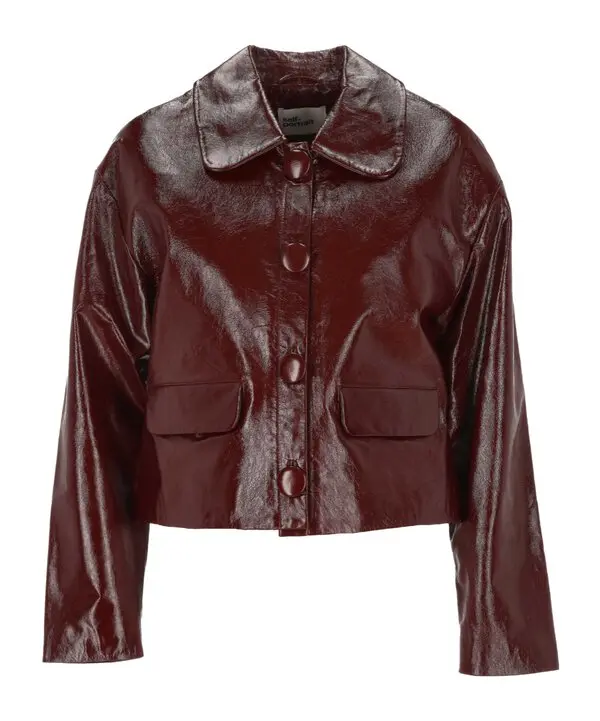 SELF-PORTRAIT Cropped Leather Jacket - Wine Red