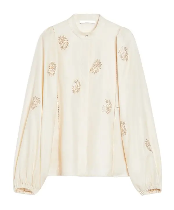 Max Mara Caladio Embellished Mandarin Collar Long Sleeve Top - Ivory White