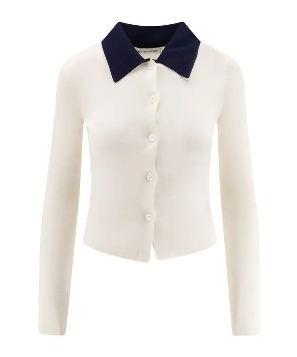 SELF-PORTRAIT Merino Wool Buttoned Cardigan With Contrast Collar - Cream