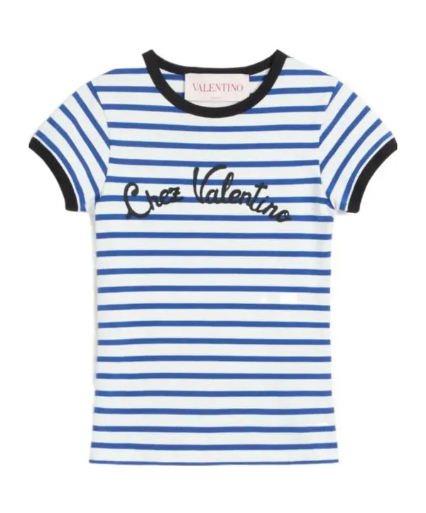 Valentino Garavani Striped Crewneck T-shirt With Embroidered Logo - Blue