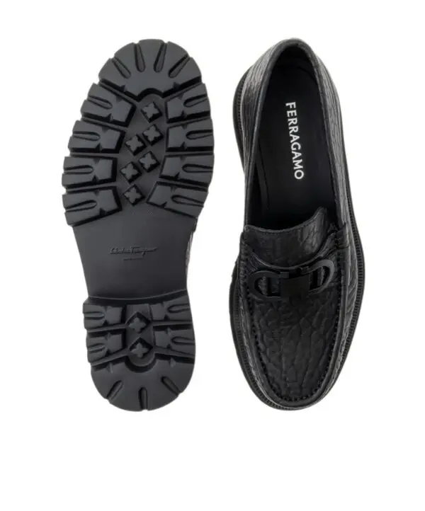 FERRAGAMO Leather Loafers With Buckle Detailing - Black