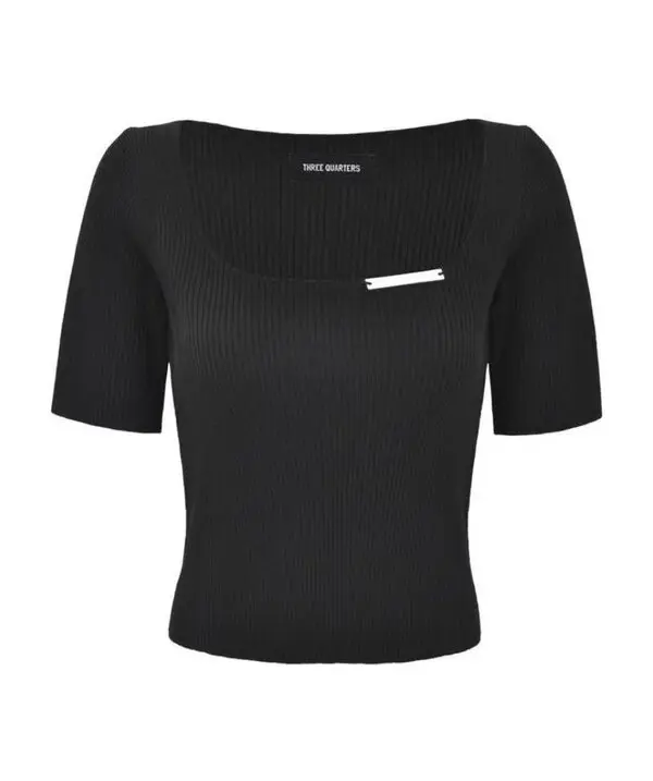 THREE QUARTERS Logo Embellished Ribbed Pullover