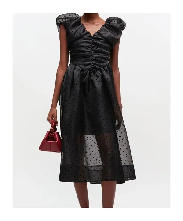 GANNI Organza Ruched Polka Dot Midi Dress