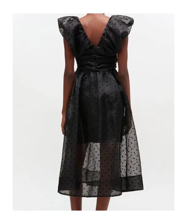 GANNI Organza Ruched Polka Dot Midi Dress