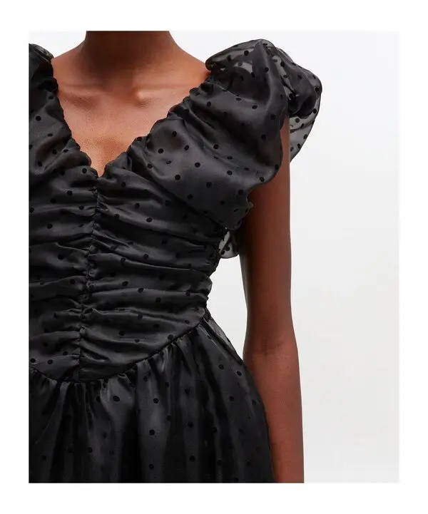 GANNI Organza Ruched Polka Dot Midi Dress