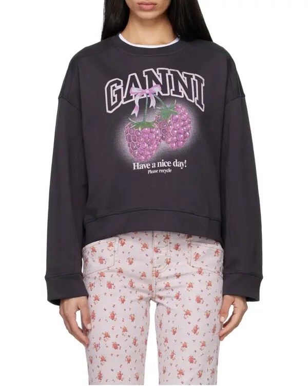 GANNI Raspberry Print Crewneck Sweatshirt - Phantom Black