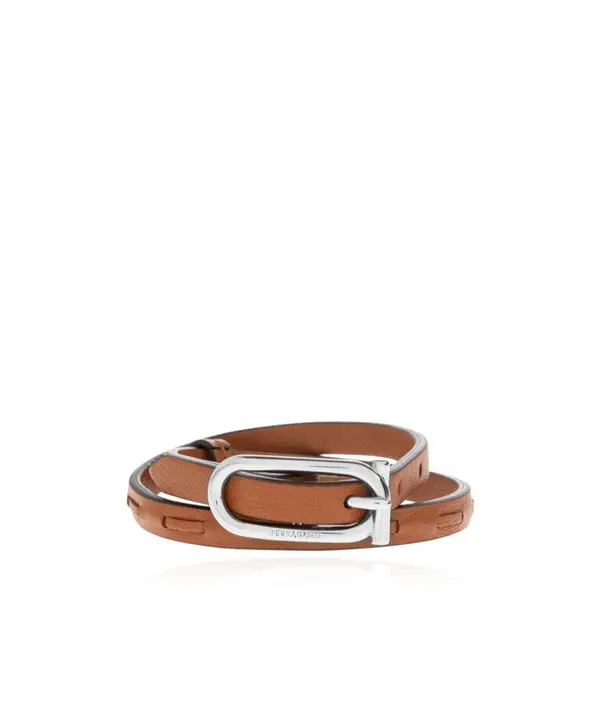 FERRAGAMO Silver Buckle Double Wrap Bracelet - Brown