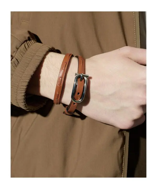 FERRAGAMO Silver Buckle Double Wrap Bracelet - Brown