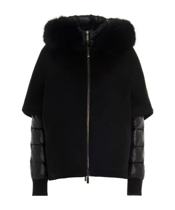 MOORER Detachable Shawl Coat With Fur Hood - Black