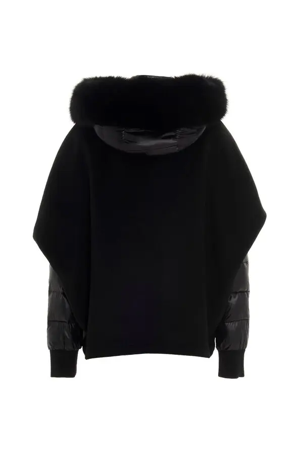 MOORER Detachable Shawl Coat With Fur Hood - Black