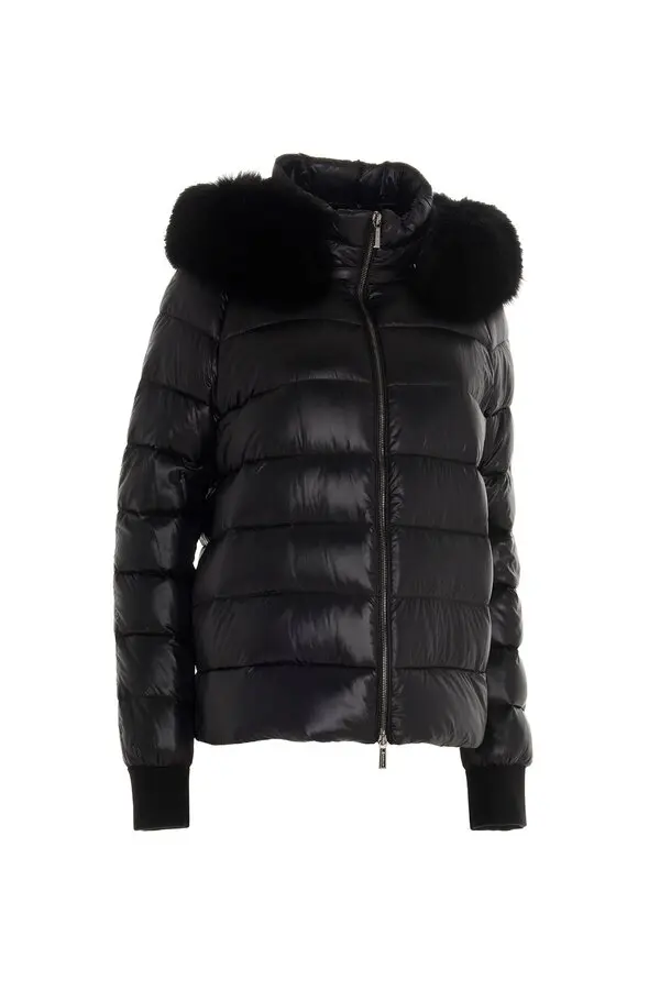 MOORER Detachable Shawl Coat With Fur Hood - Black