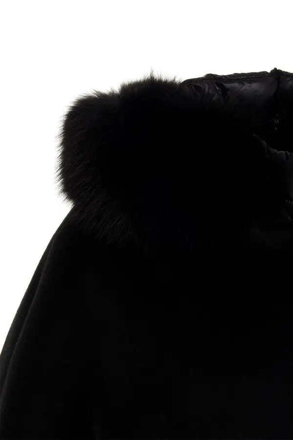 MOORER Detachable Shawl Coat With Fur Hood - Black