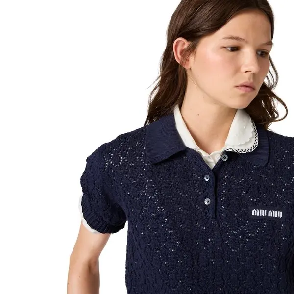Miu Miu Open-work Knit Polo Shirt - Navy