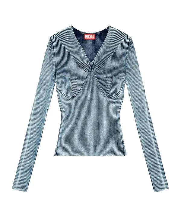 DIESEL® Ribbed V-neck Knit Top With Mylar Foil Coating