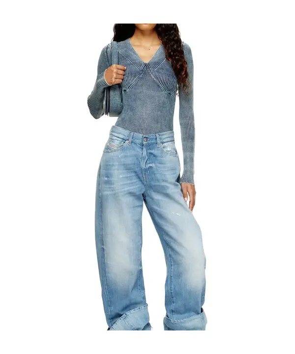 DIESEL® Ribbed V-neck Knit Top With Mylar Foil Coating