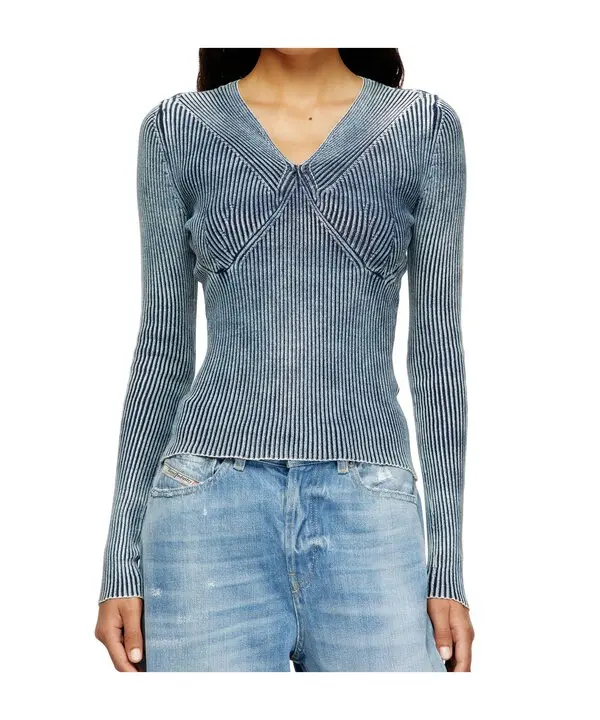 DIESEL® Ribbed V-neck Knit Top With Mylar Foil Coating