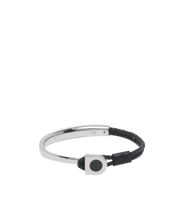 FERRAGAMO Gancini Logo Leather And Metal Bracelet - Black