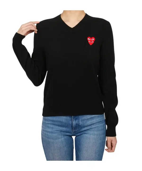 Comme Des Garçons Long Sleeve V-neck Sweater With Embroidered Heart - Black
