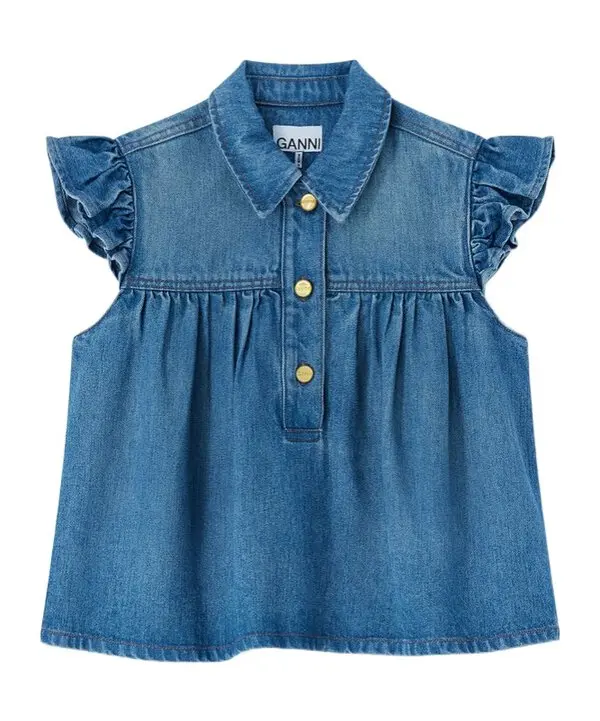GANNI Denim Ruffle Top - Tint Wash