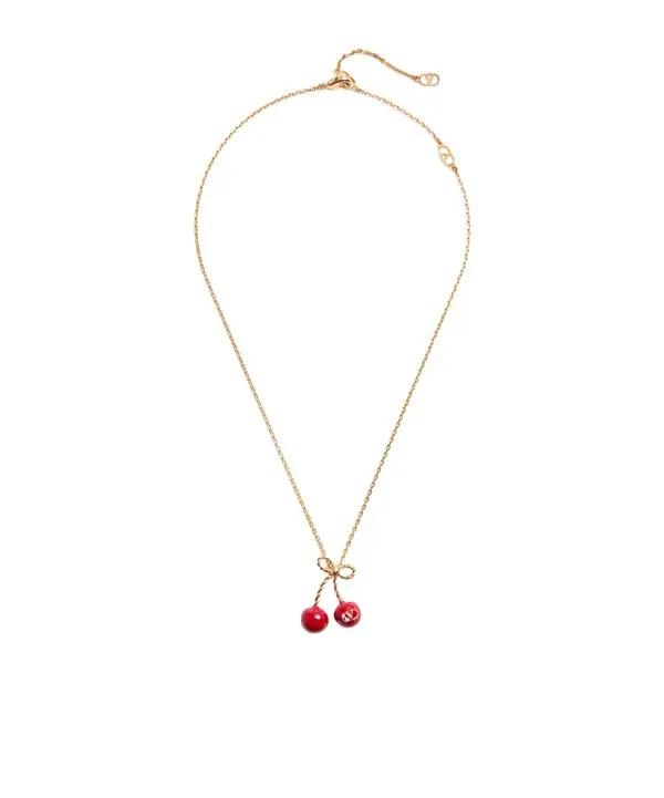 Valentino Garavani Logo Plaque Cherry Pendant Necklace - Bronze/red