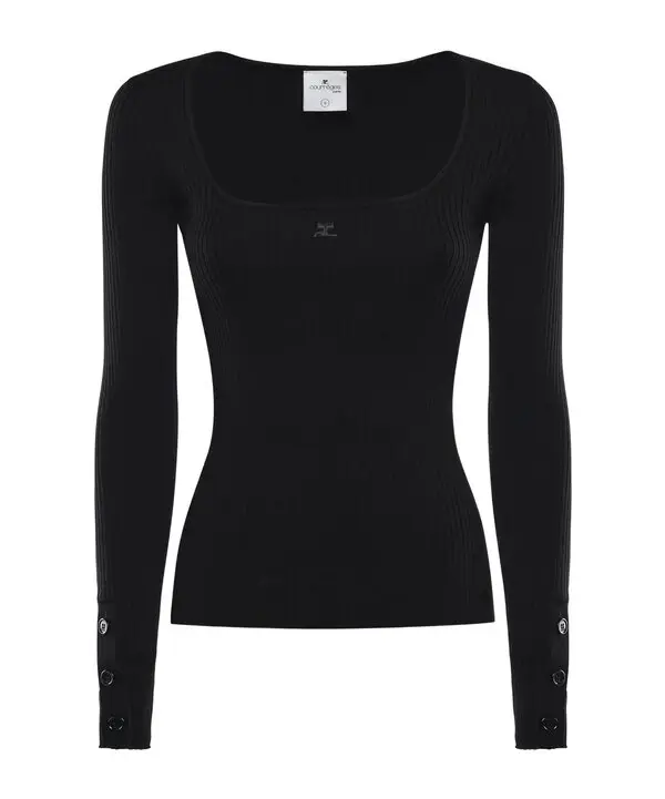 COURREGES Ribbed Knit Crew Neck Long Sleeve Top - Black