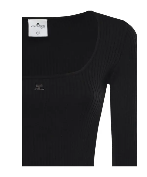 COURREGES Ribbed Knit Crew Neck Long Sleeve Top - Black