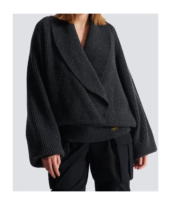 Balmain Batwing Open Neck Ribbed Knit Sweater - Grey