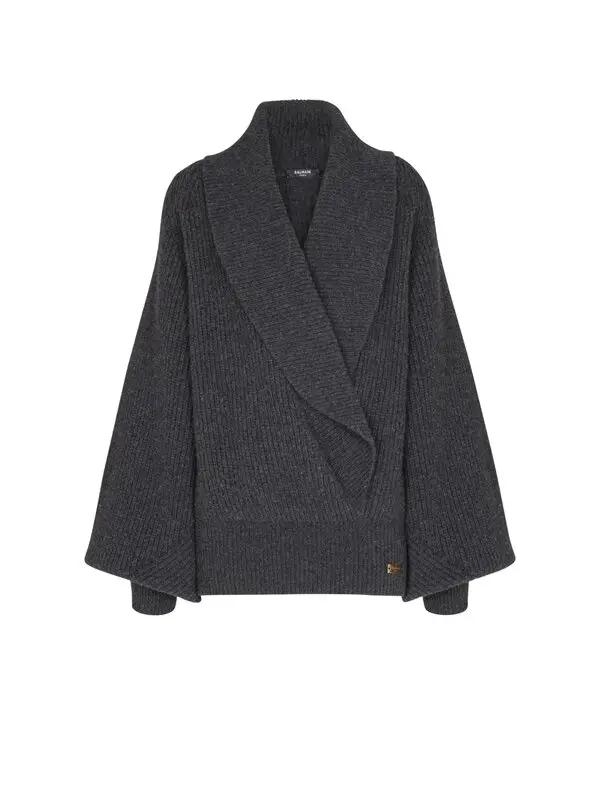 Balmain Batwing Open Neck Ribbed Knit Sweater - Grey