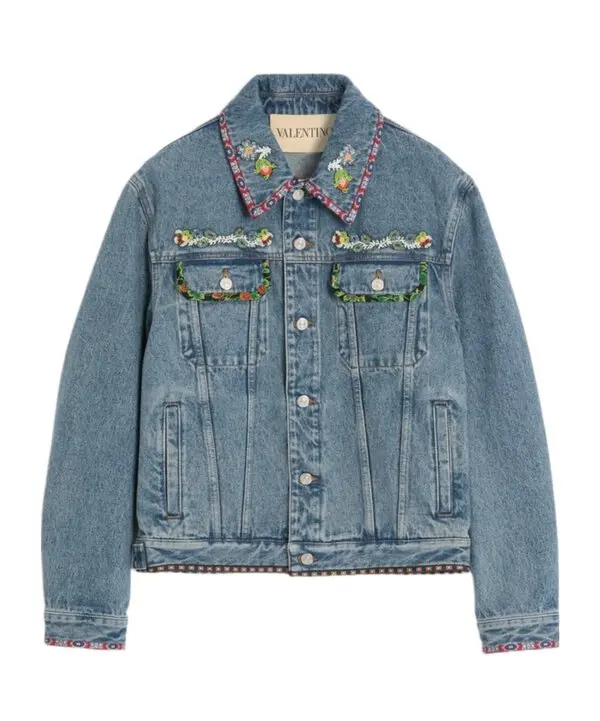 Valentino Garavani Embellished Floral Denim Jacket - Medium Blue