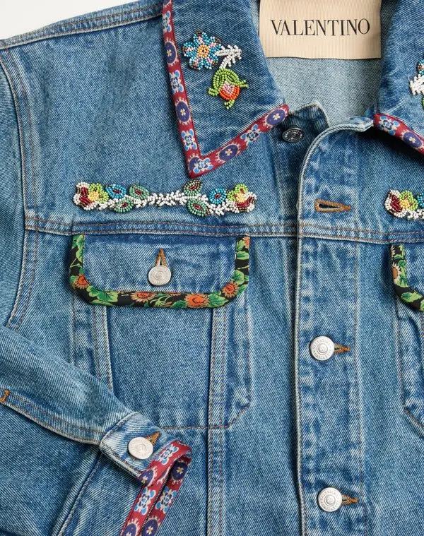 Valentino Garavani Embellished Floral Denim Jacket - Medium Blue