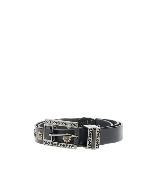 GOLDEN GOOSE Leather Flower Studded Buckle Belt - Black