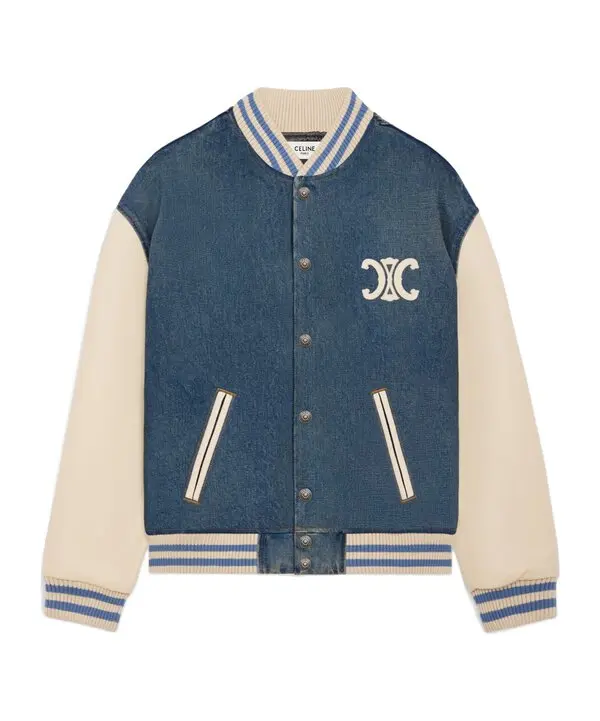 Celine Loose Triomphe Teddy Jacket In Trail Wash Denim - Blue