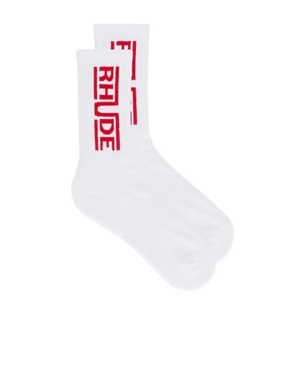 Rhude Letter Pattern Crew Socks - White/red