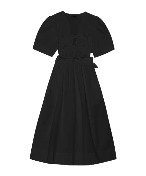 GANNI Deep V-neck Flared Dress With Pleated Details And Belted Waist - Black
