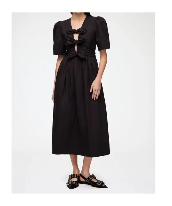 GANNI Deep V-neck Flared Dress With Pleated Details And Belted Waist - Black