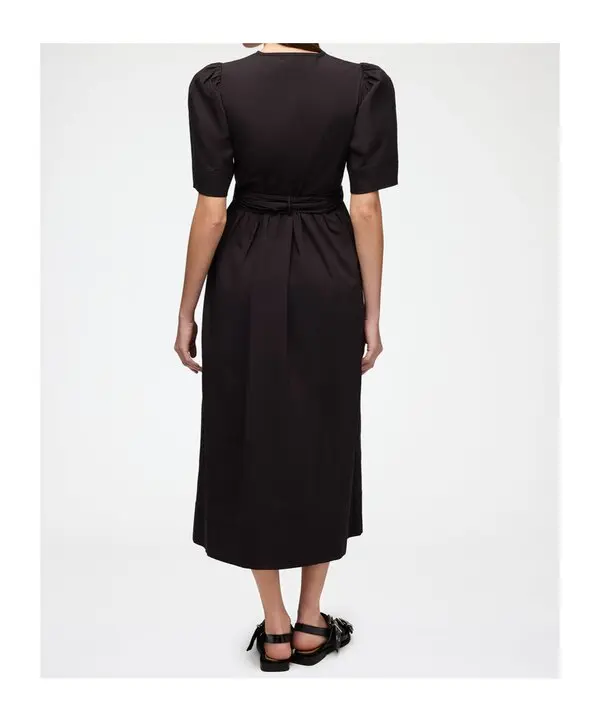 GANNI Deep V-neck Flared Dress With Pleated Details And Belted Waist - Black