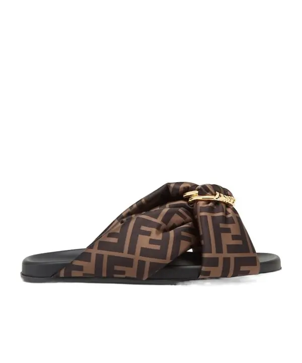 Fendi Monogrammed Slip-on Sandals With Decorative Buckles - Brown