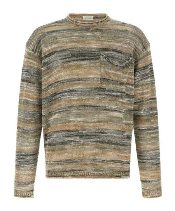 ROBERTO COLLINA Striped Crew Neck Long Sleeve Knitwear With Chest Pocket - Brown