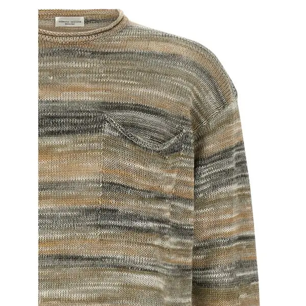 ROBERTO COLLINA Striped Crew Neck Long Sleeve Knitwear With Chest Pocket - Brown