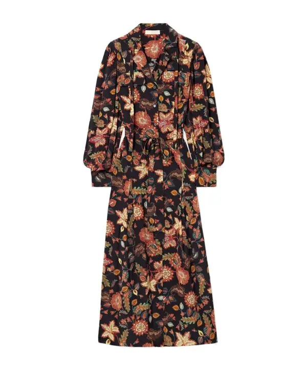 Ulla Johnson Floral-printed Silk Midi Dress With Drawstring Belt - Black