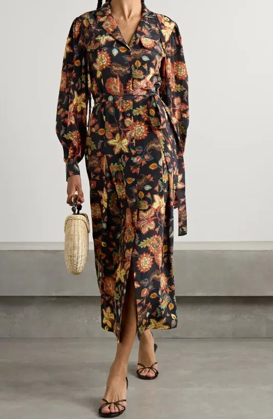 Ulla Johnson Floral-printed Silk Midi Dress With Drawstring Belt - Black