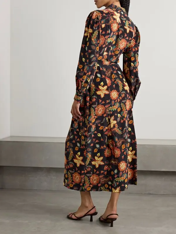 Ulla Johnson Floral-printed Silk Midi Dress With Drawstring Belt - Black