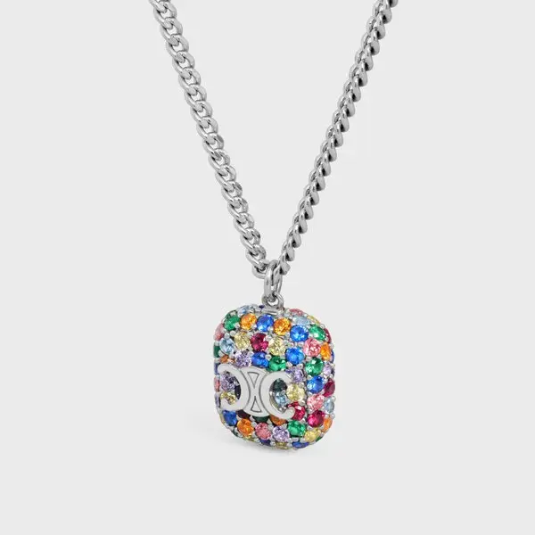 Celine Iced Triomphe Pendant Necklace In Strass And Brass With Rhodium Finish